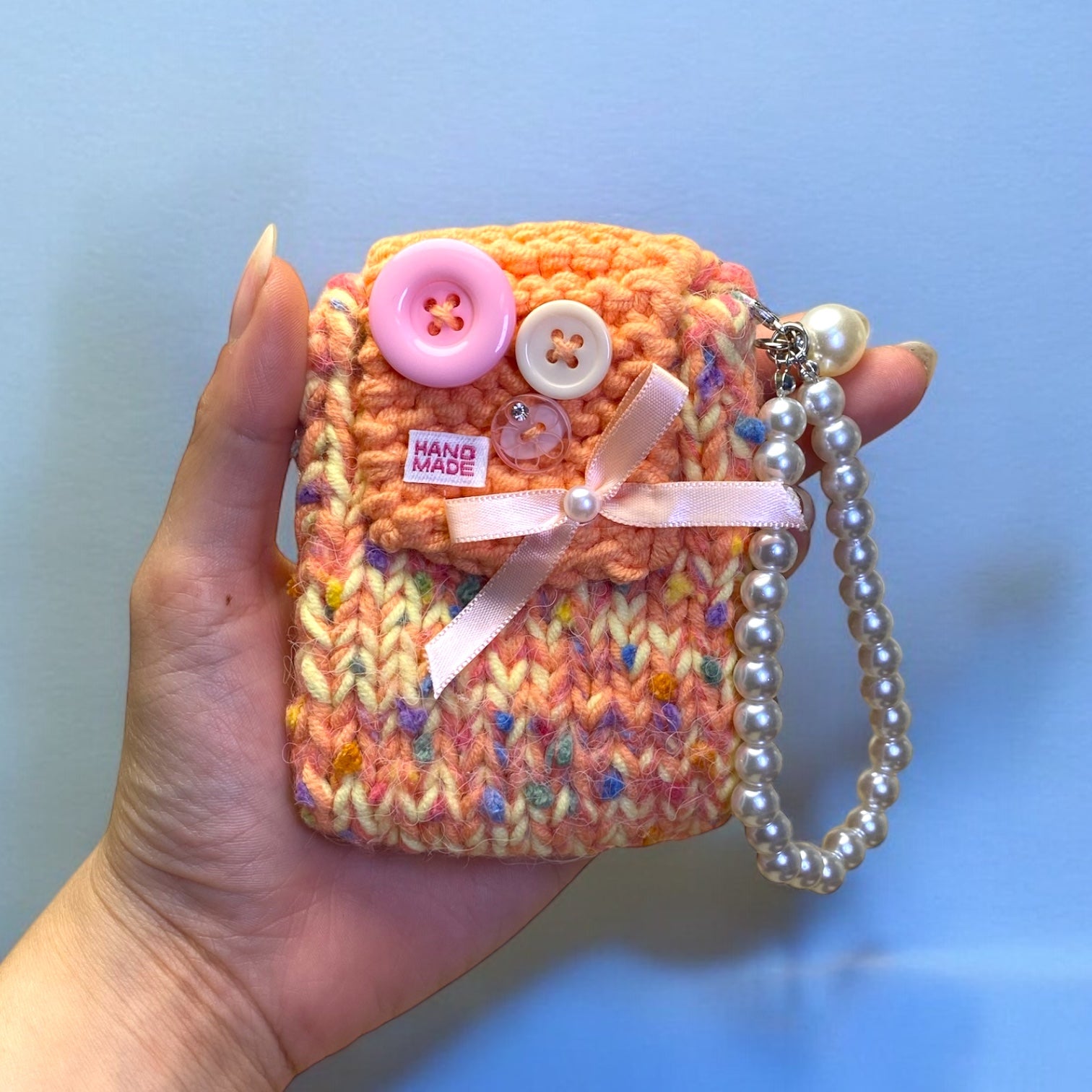 Fun Buttons Peach Multicolor Crocheted Pouch with Pearl Strap K0555 ...